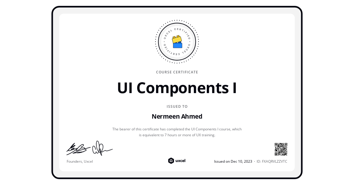 Certificate of completion for UI Components I | Uxcel